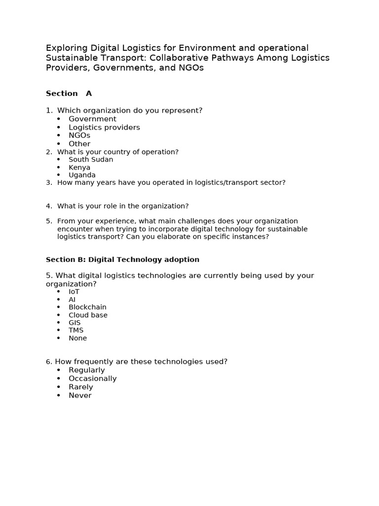 Questionnaire Exploring Digital Logistics For Sustainability | PDF ...