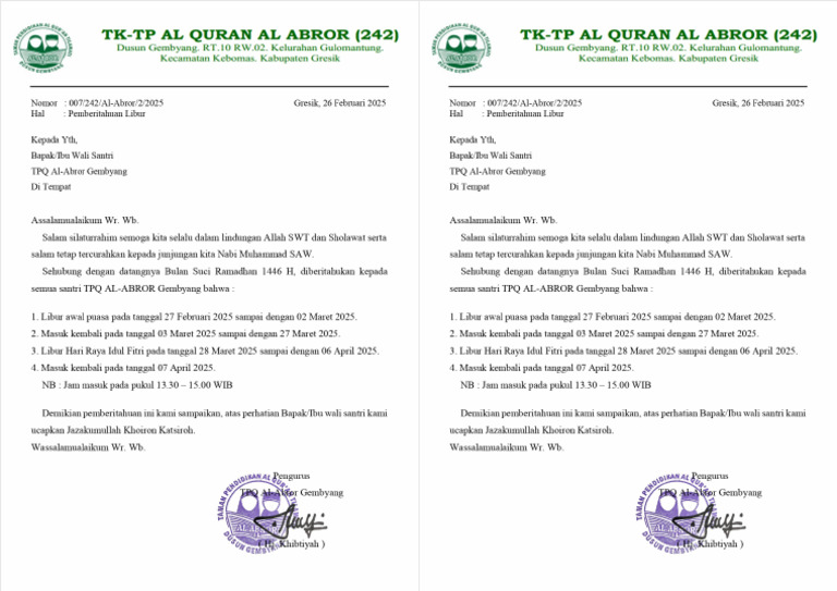 Rev5-Surat Edaran Libur Puasa - TPQ Al-Abror | PDF