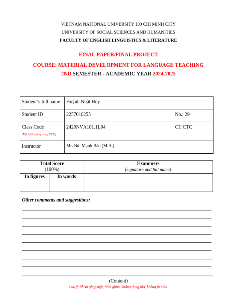 29 - 2257010255 - Huynh Nhat Huy - 2420nva101.1l04 | PDF | Reading Comprehension | Linguistics