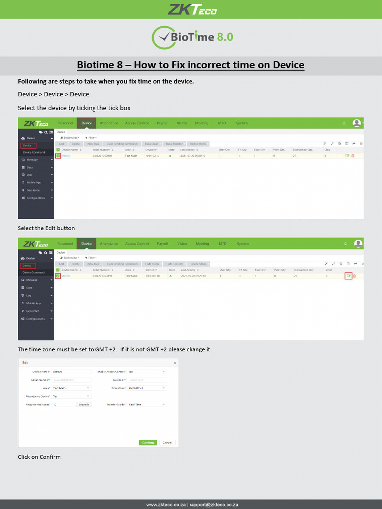 Biotime 8 - How To Fix Incorrect Time On Device | PDF