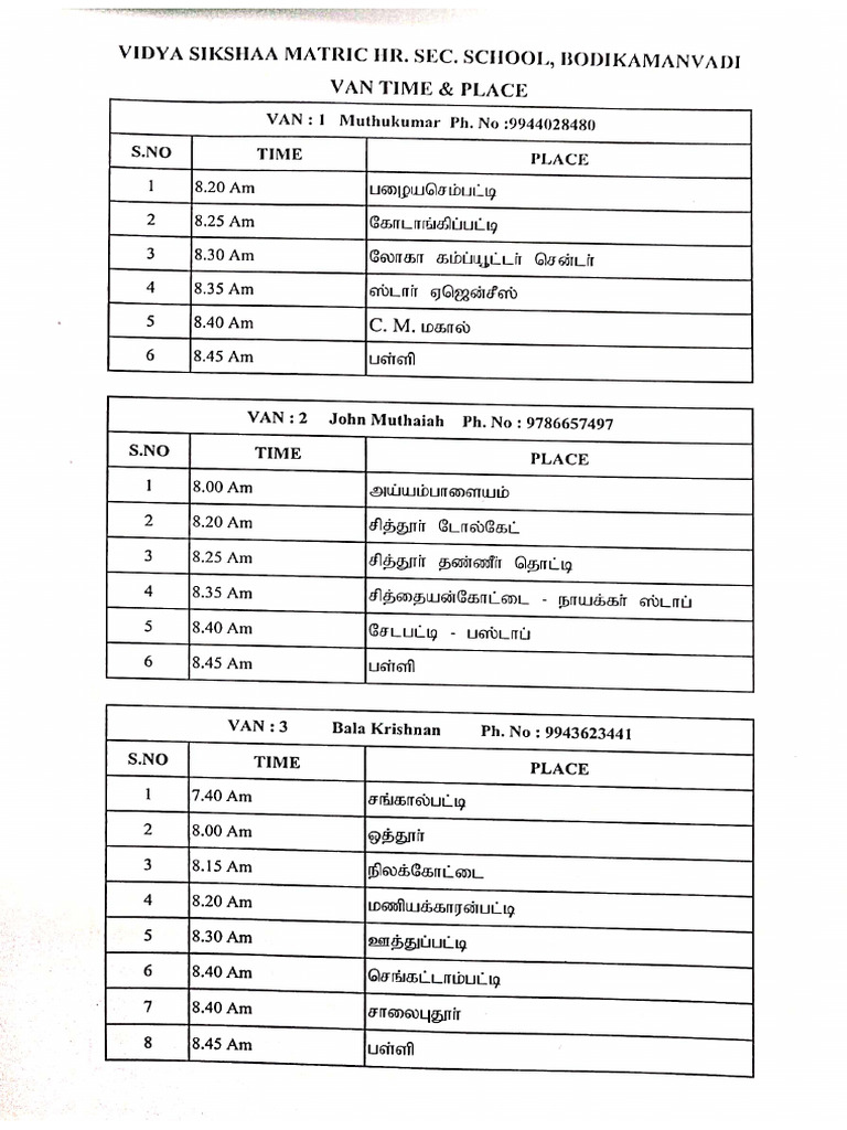 Van Route Schedule | PDF