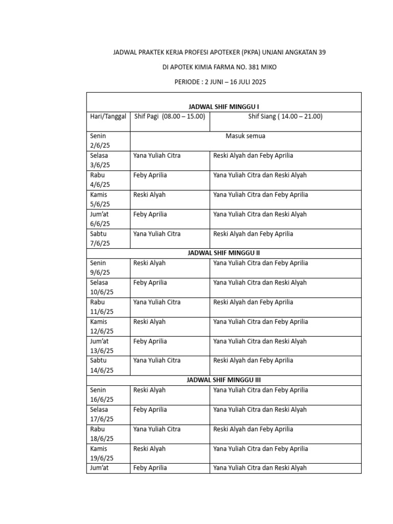 Jadwal Praktek Kerja Profesi Apoteker | PDF
