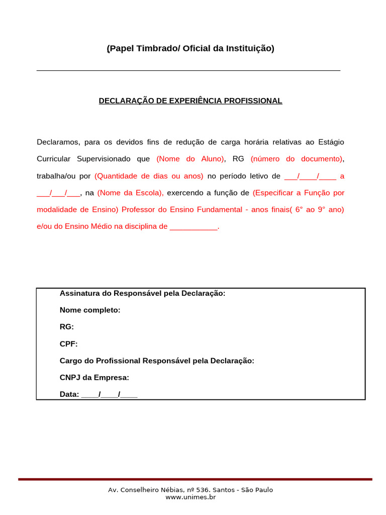 Declaração de Experiência Profissional | PDF