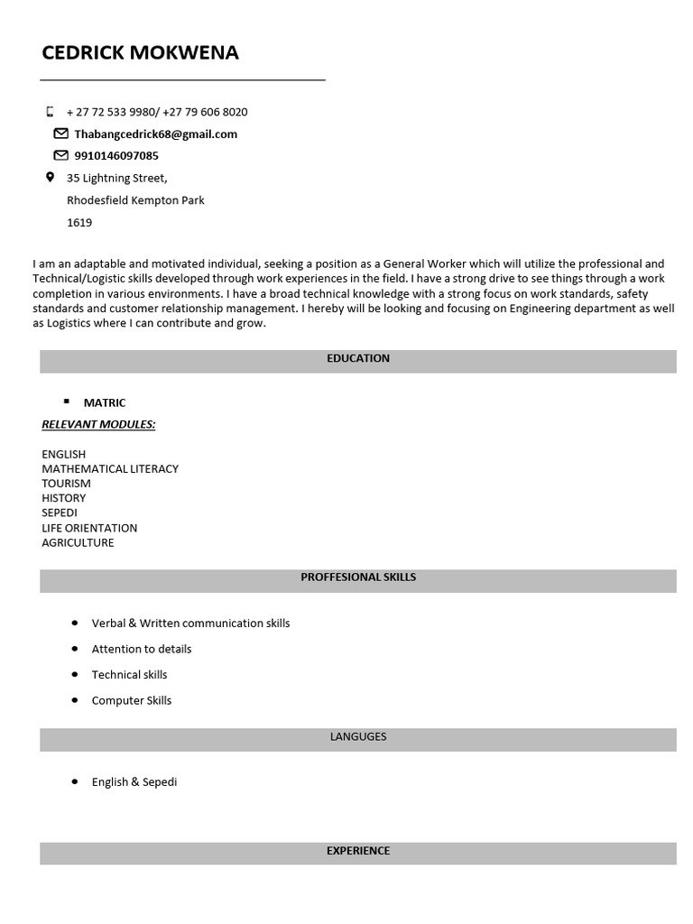 Cedrick Mokwena CV 2025 | PDF | Logistics | Warehouse