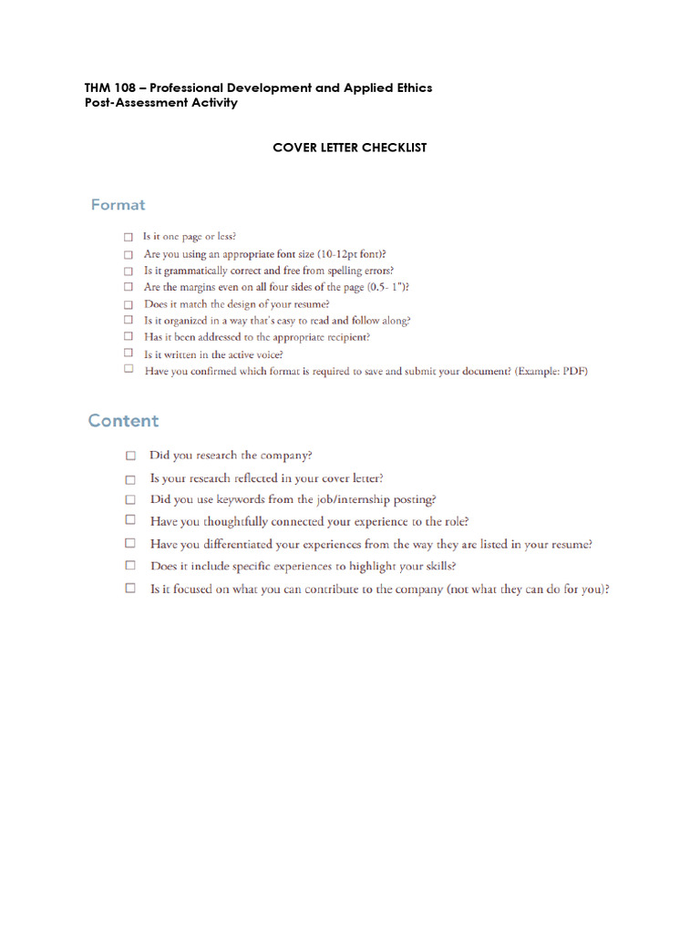 THM 108 - Professional Development and Applied Ethics Post-Assessment ...