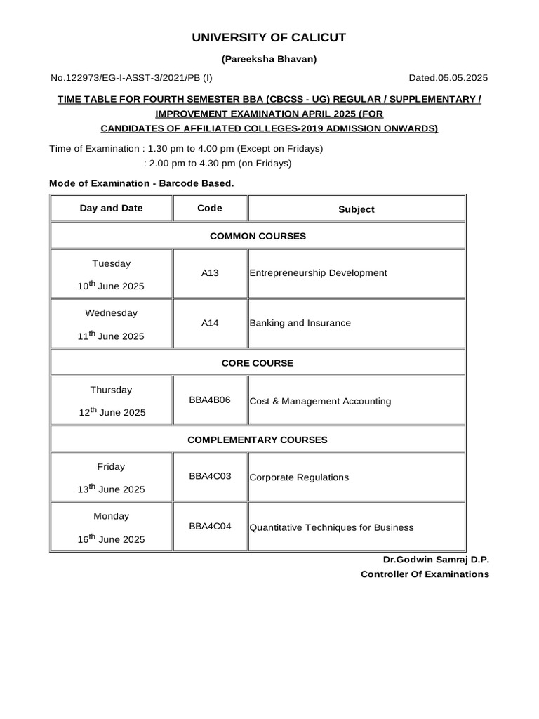 Calicut University BBA 4th Sem Exam Timetable | PDF
