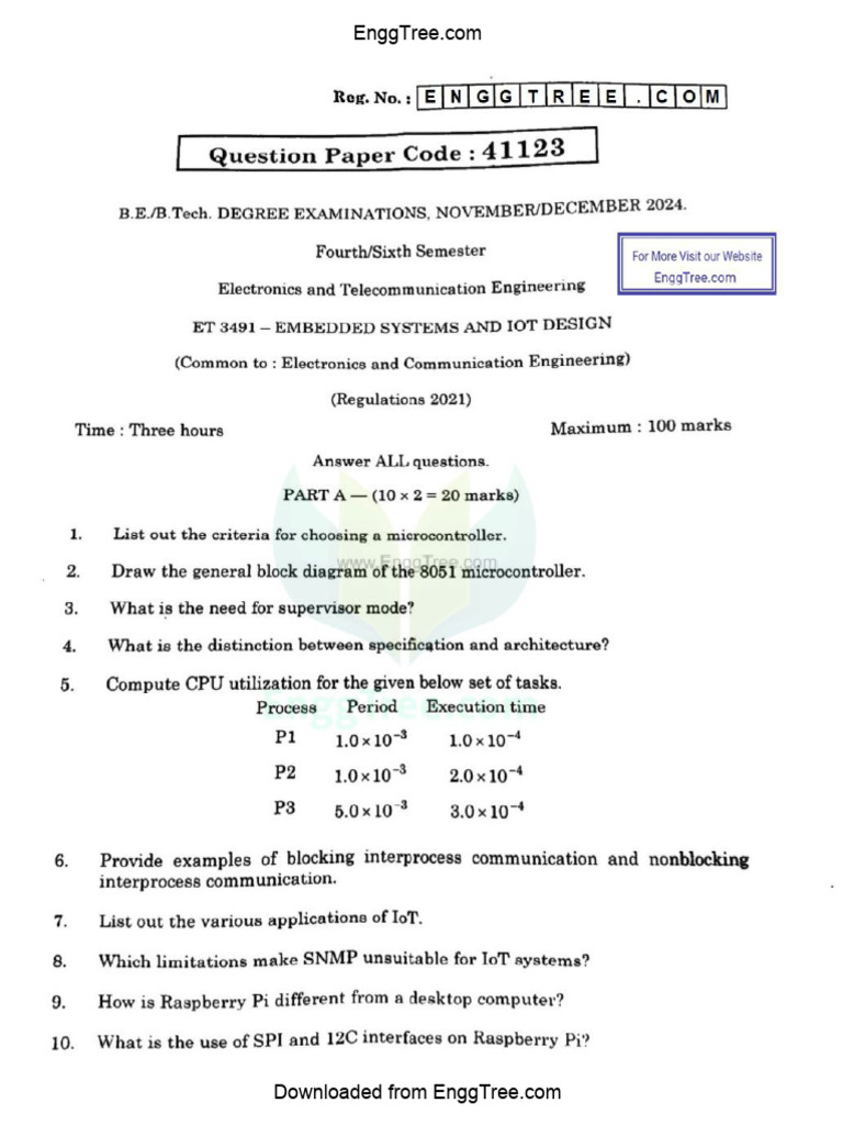 ET3491 Embedded Systems and IOT Design Nov Dec 2024 Question Paper ...