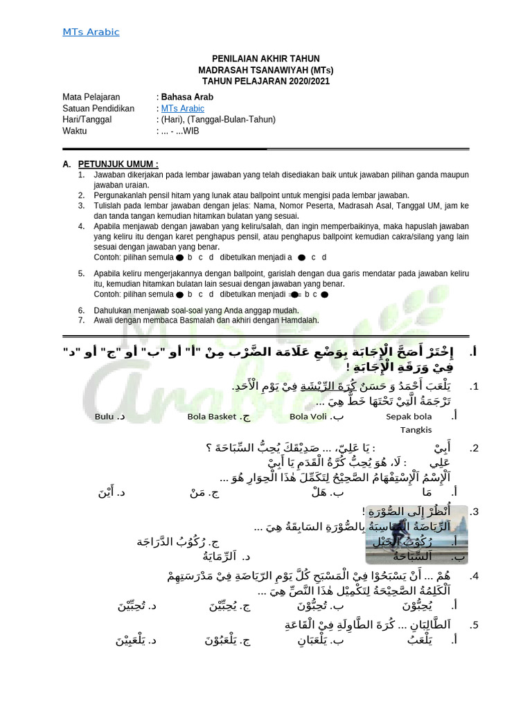 Soal PAT Bahasa Arab MTs Kelas 8 TP 2020-2021 - MTs Arabic | PDF