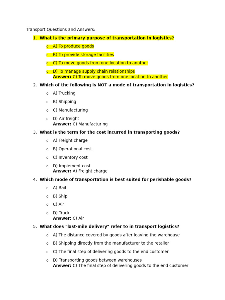Transport Questions and Answers | PDF | Logistics | Cargo
