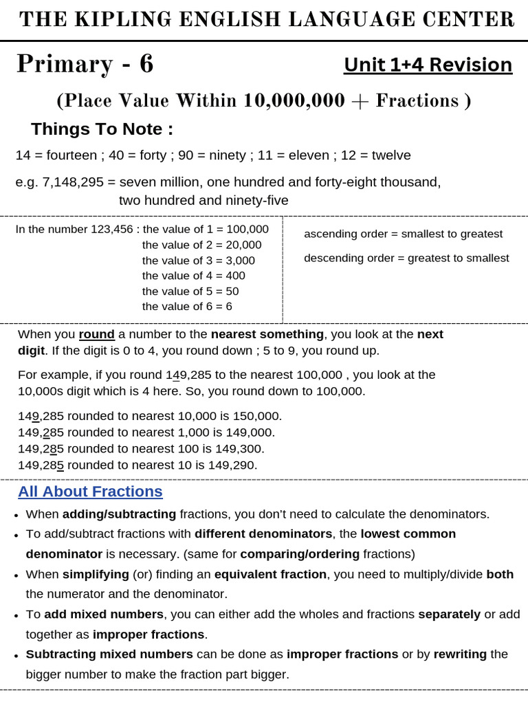 P6 Unit-1 & 4 Revision (1st Term) | PDF | Arithmetic | Mathematics