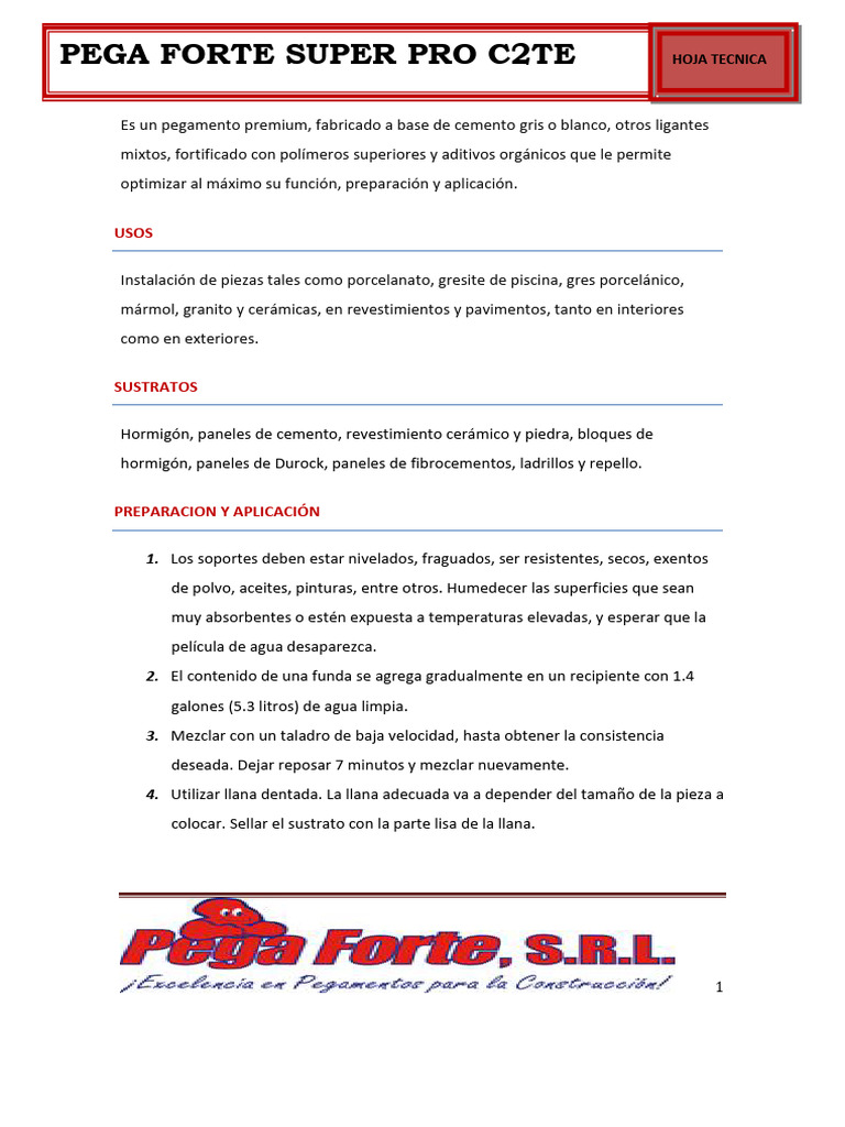 Pega Forte Super Pro C2TE: Hoja Técnica | PDF | Adhesivo | Hormigón