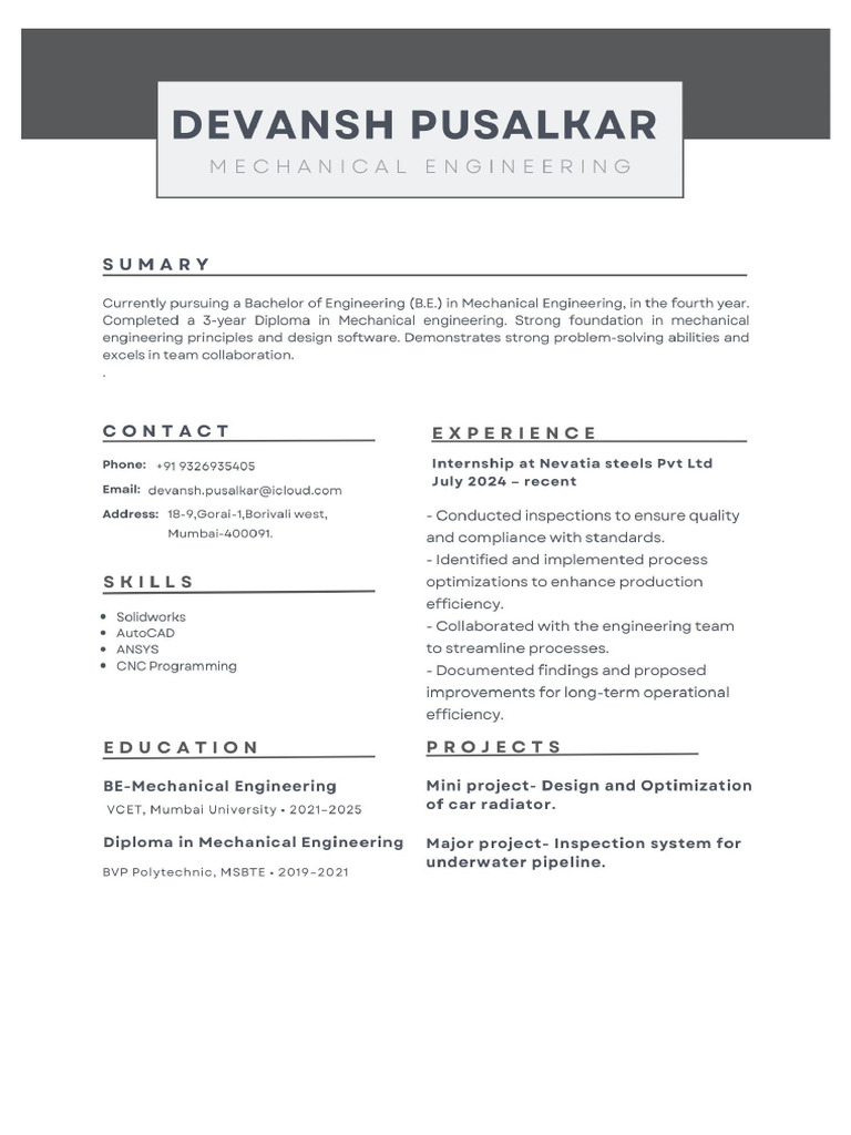 Devansh Pusalkar Resume | PDF