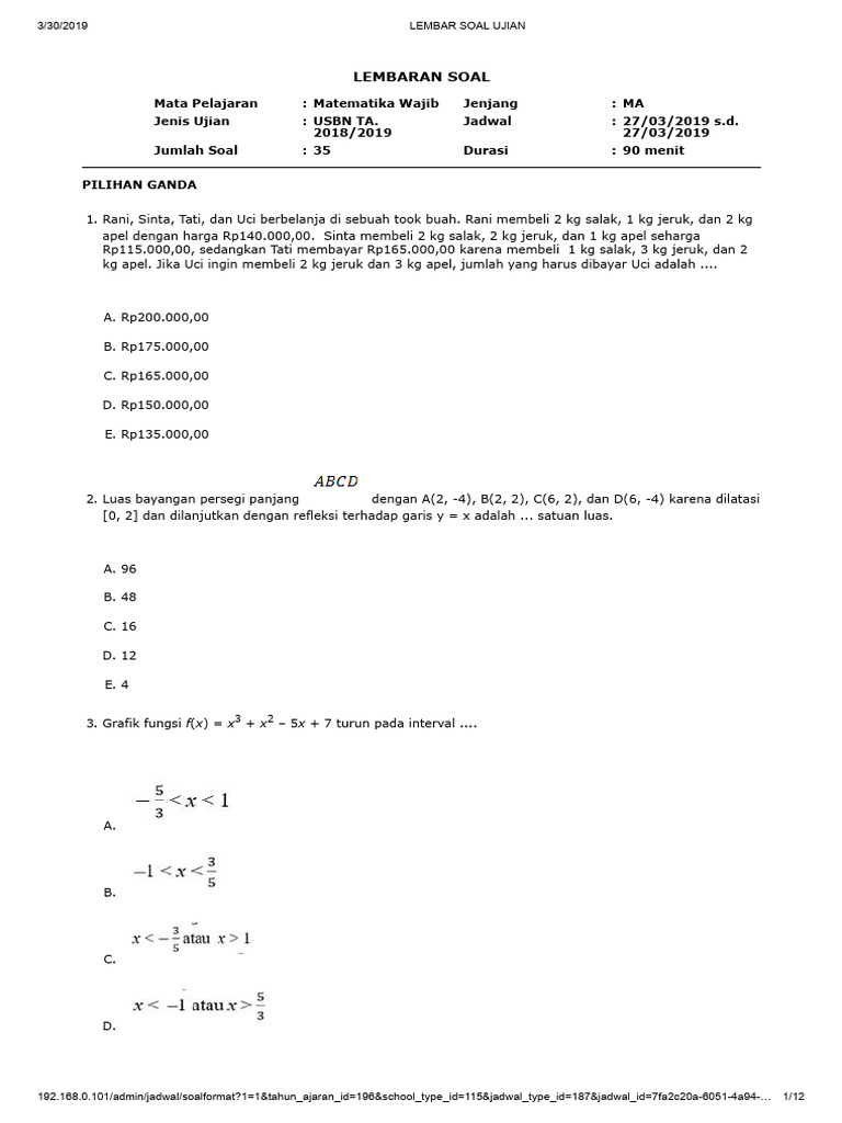 Lembar Soal Ujian Mate Matika | PDF