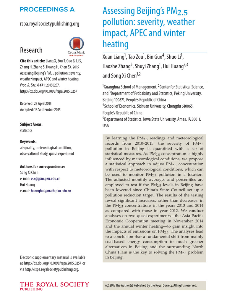 Liang Et Al 2015 Assessing Beijing S Pm2 5 Pollution Severity Weather Impact Apec and Winter ...