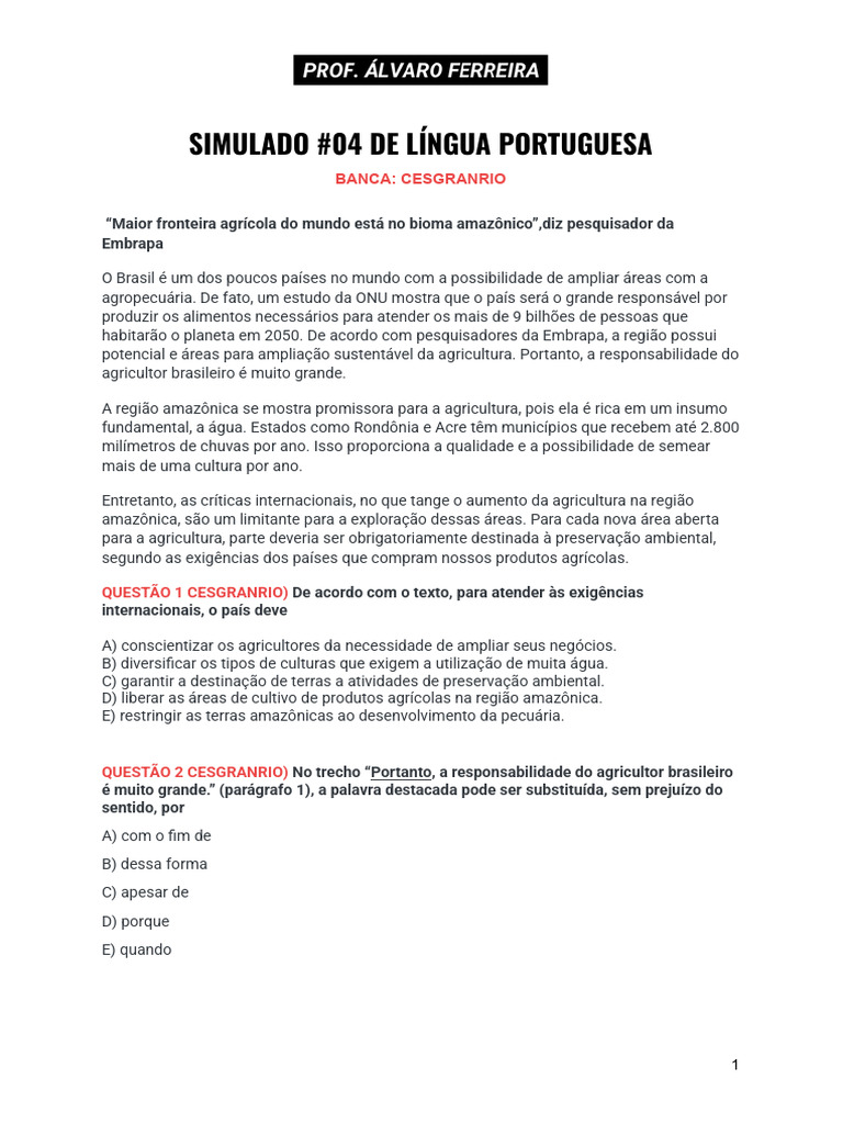 Simulado #04 - Banca Cesgranrio | PDF | Agricultura | Democracia