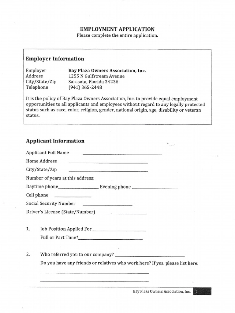 Bay Plaza Employment Application | PDF