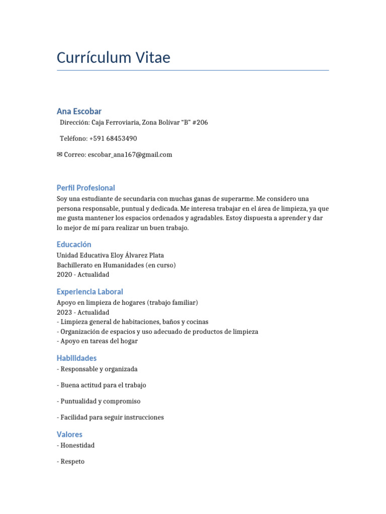 CV Ana Escobar Limpieza Humanizado | PDF