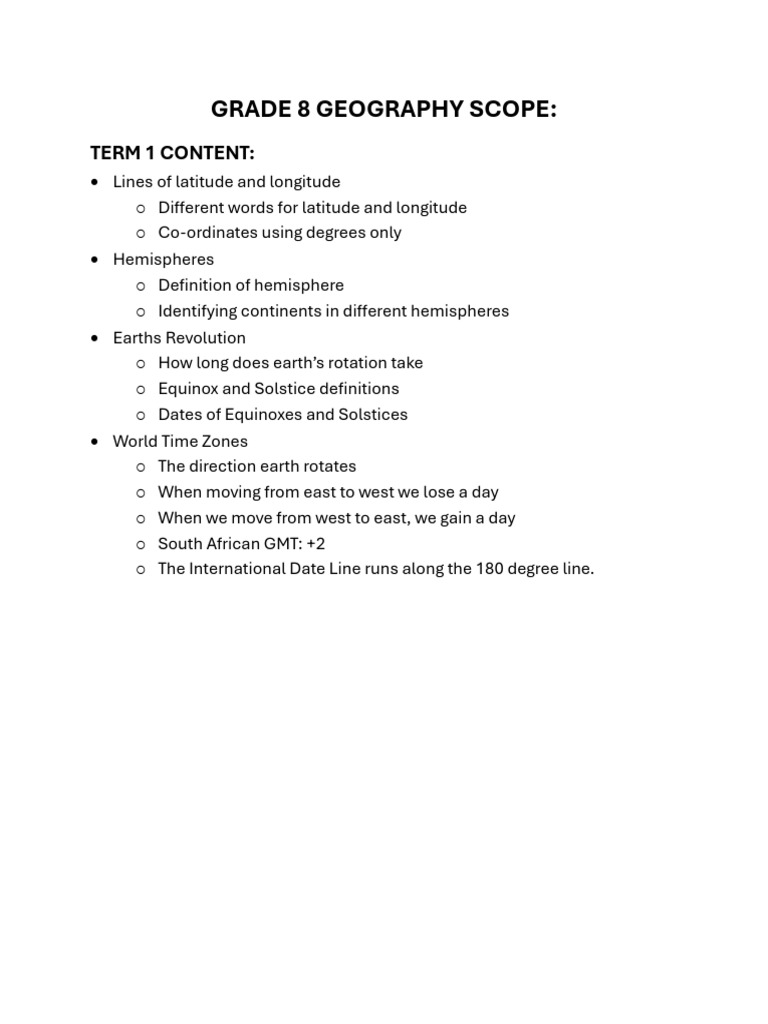 Grade 8 Geography Term 1 & 2 Scope | PDF