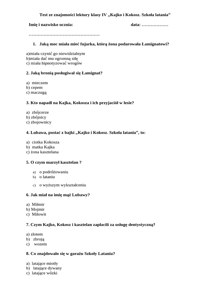 Test Kajko I Kokosz. Szkoła Latania | PDF
