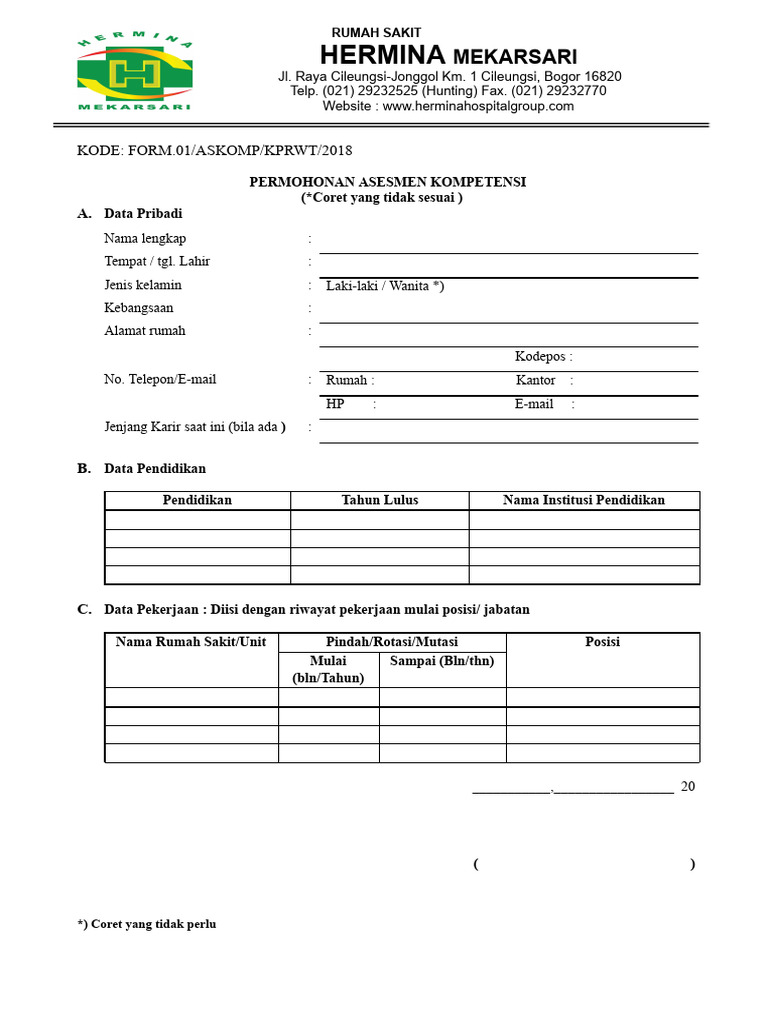 Kode 01 Form Permohonan Asasemen Kompetensi | PDF