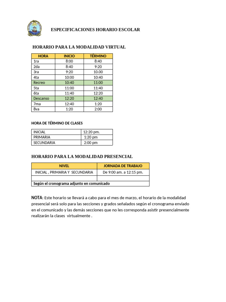 Horario Escolar Modalidad Virtual y Presencial | PDF