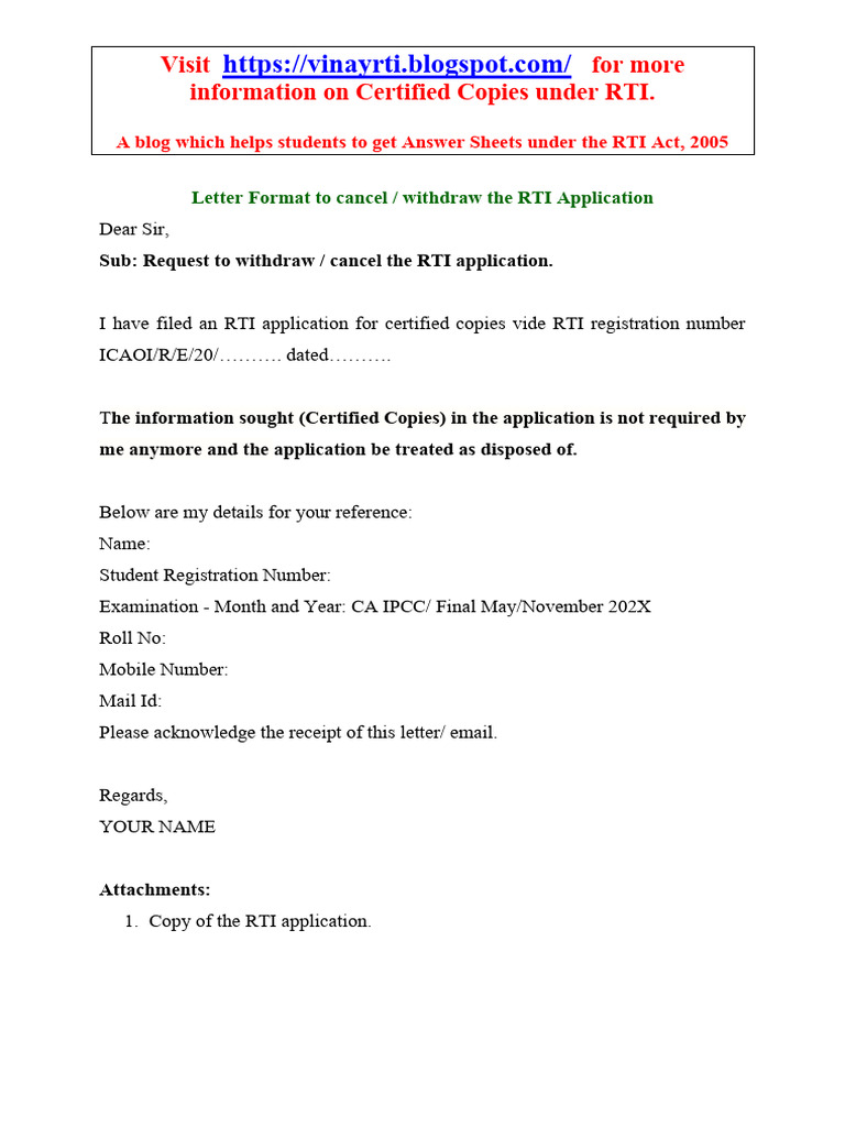 Letter Format To Cancel RTI Application | PDF