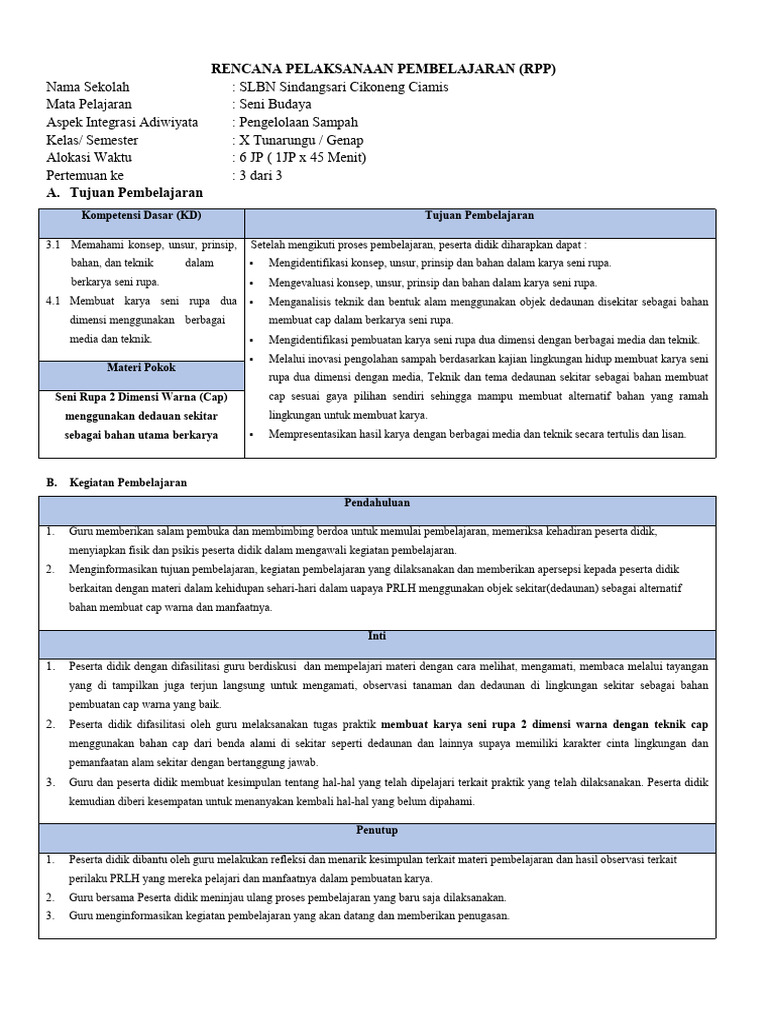 Pengolahan Sampah - PRLH - RPP Seni Budaya X Tunarungu | PDF