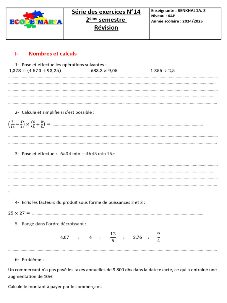 Série d' Exercices N°14 Sem2 6AP 2024 2025 | PDF