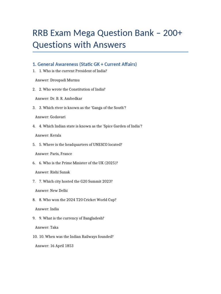 RRB Exam Question Bank: 200+ Q&A | PDF | Water | Photosynthesis