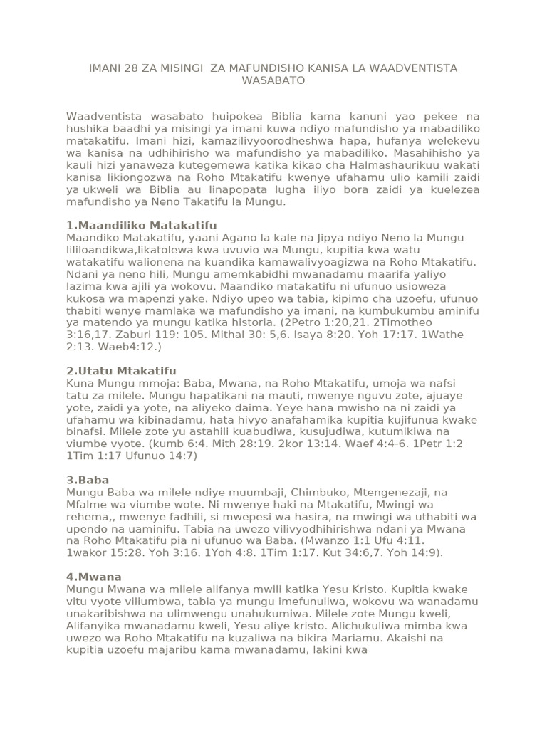 Imani 28 Za Misingi Za Mafundisho Kanisa La Waadventista Wasabato 1 | PDF