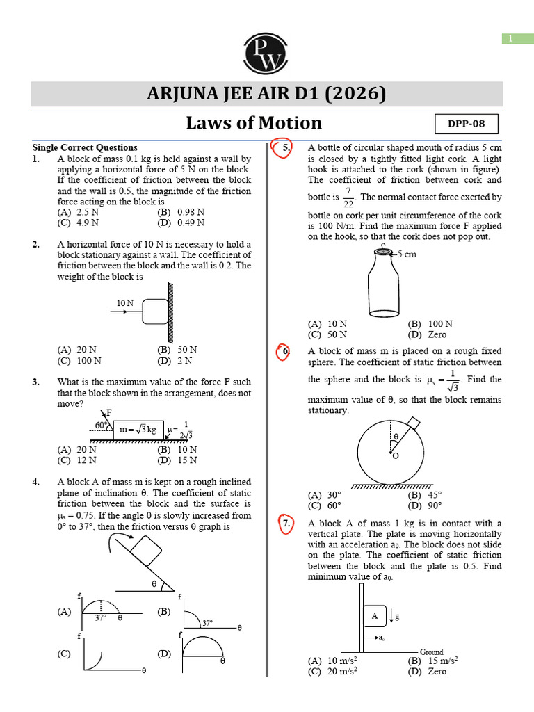 DPP-08_Laws of Motion_Physics_ARJUNA AIR D1 2026_Sandeep Sir | PDF | Force | Friction