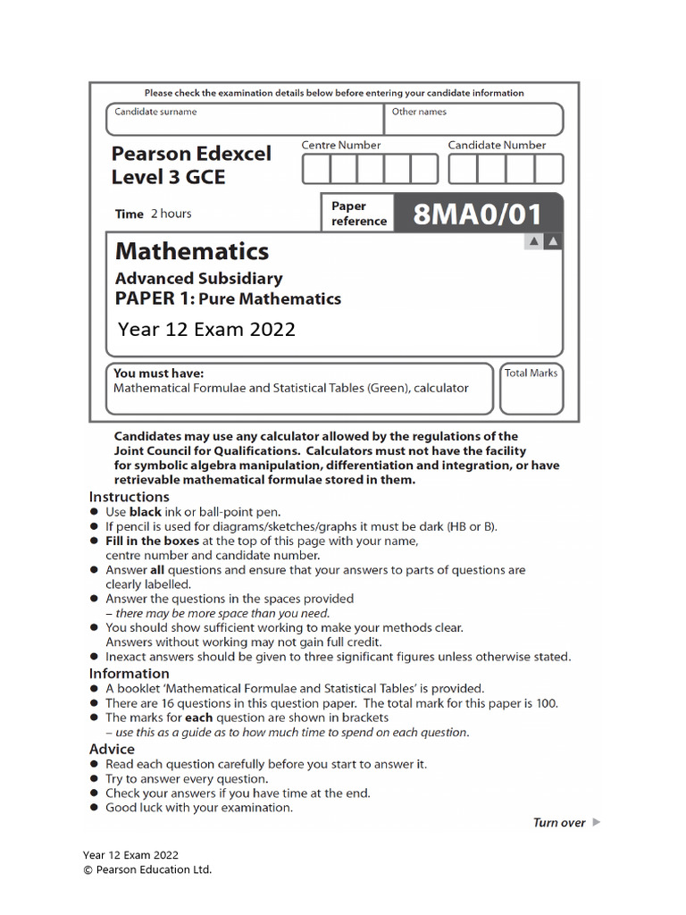 Year 12 Mathematics Exam Questions 2022 | PDF | Equations | Algebra