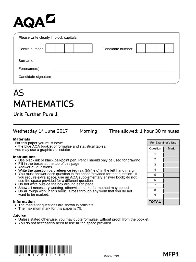 Aqa MFP1 QP Jun17 PDF | PDF | Equations | Mathematics