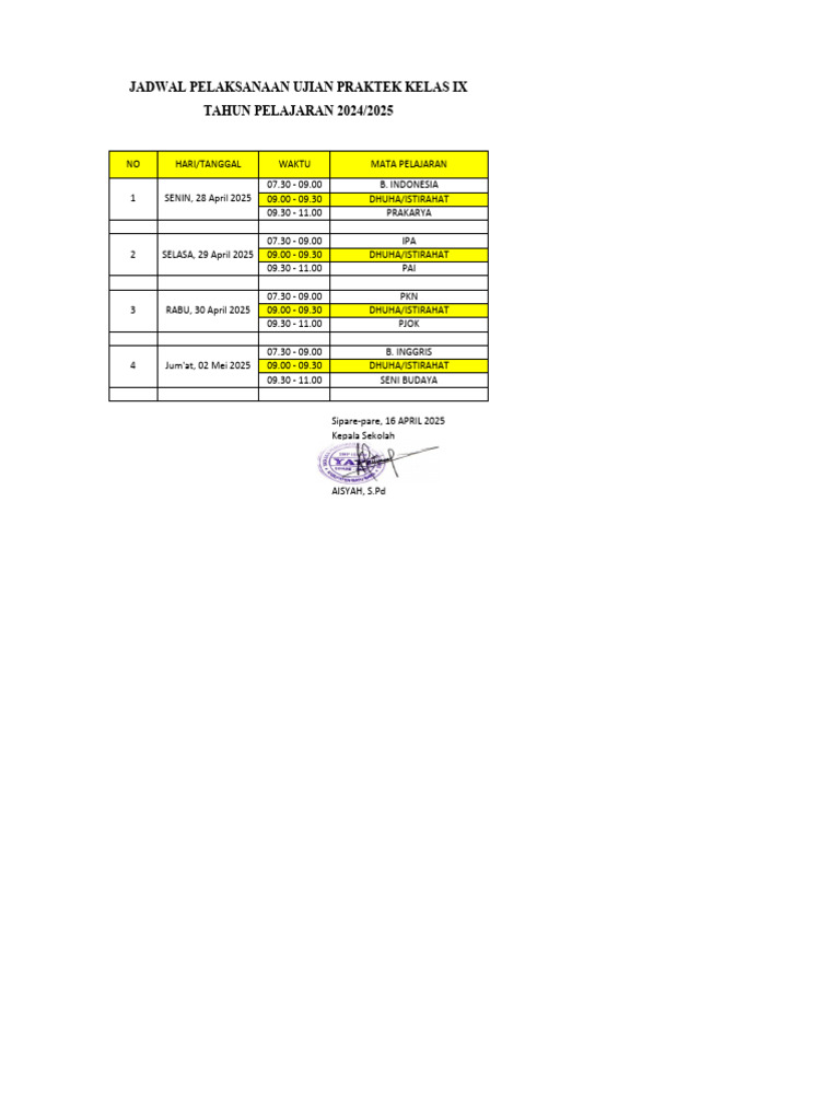 Jadwal Ujian Praktek KLS Ix 2024-2025 | PDF