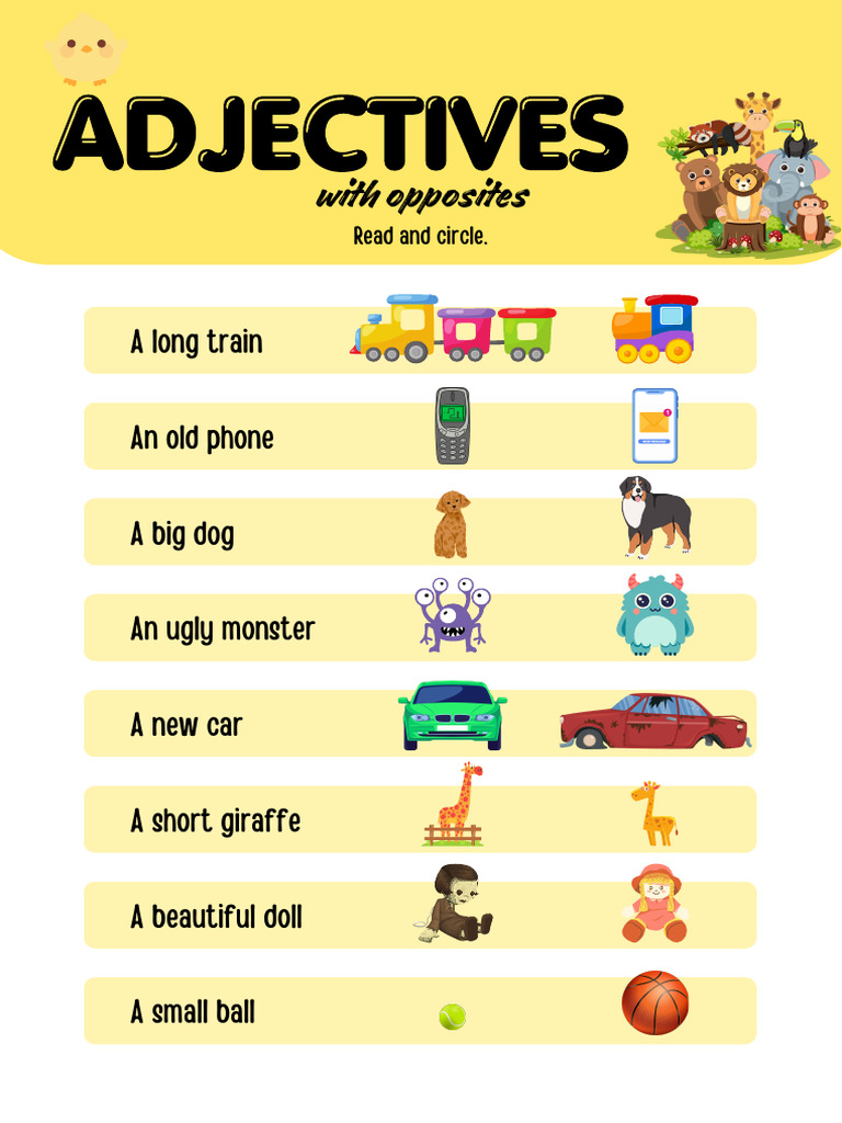 Adjectives With Opposites English Worksheet in Illustrative Style | PDF