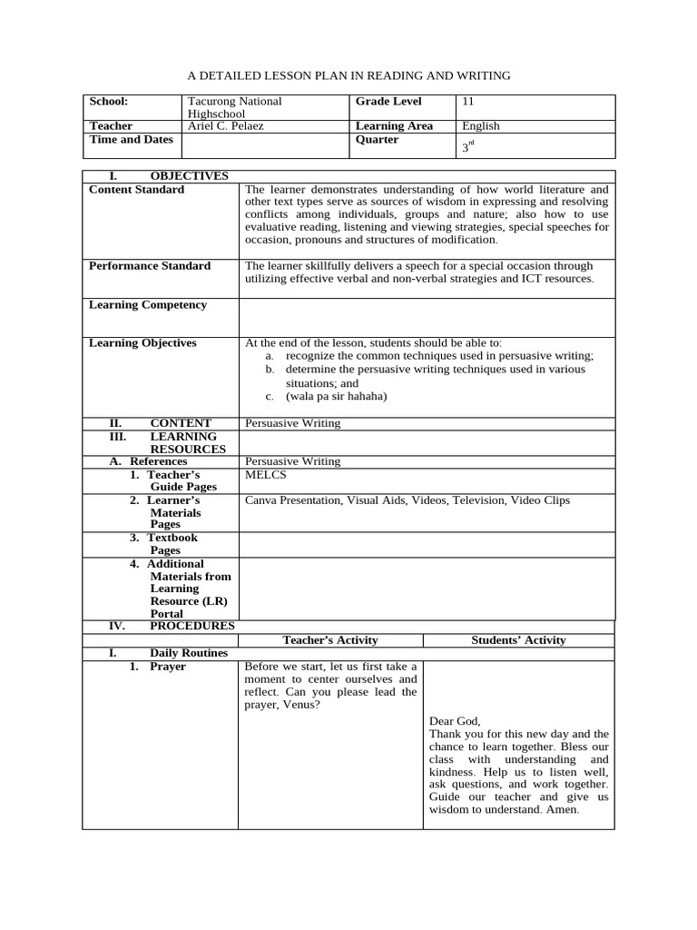 Lesson Plan: Persuasive Writing Techniques | PDF | Essays | Learning
