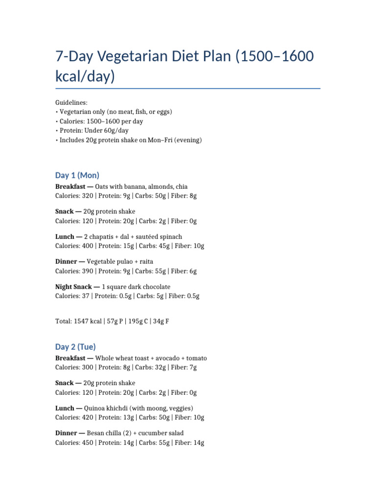 7 Day Vegetarian Diet Plan | PDF | Lunch | Cooking