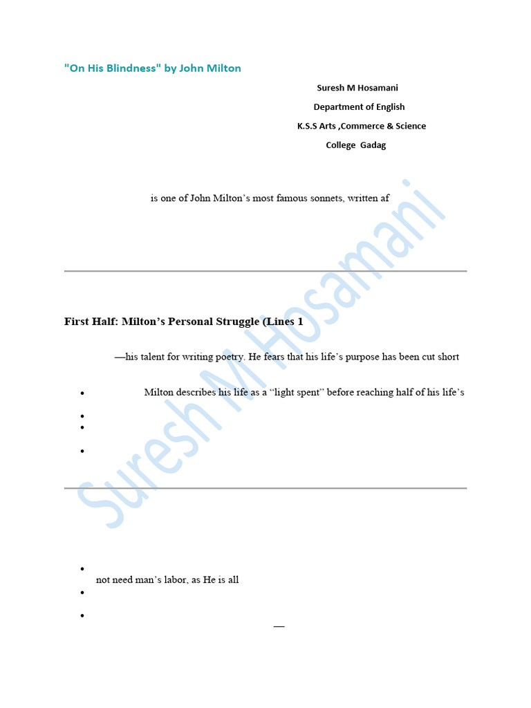 On His Blindness by John Milton | PDF | John Milton | Poetry