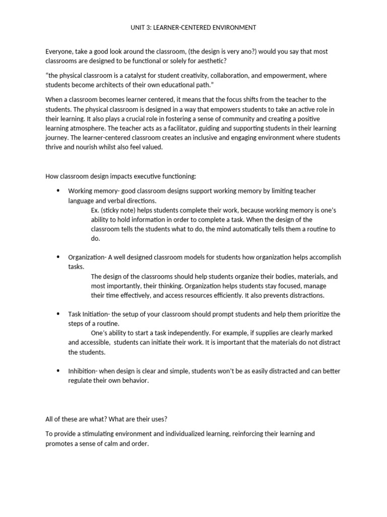 Unit 3 Learner-Centered Environment | PDF | Classroom | Learning
