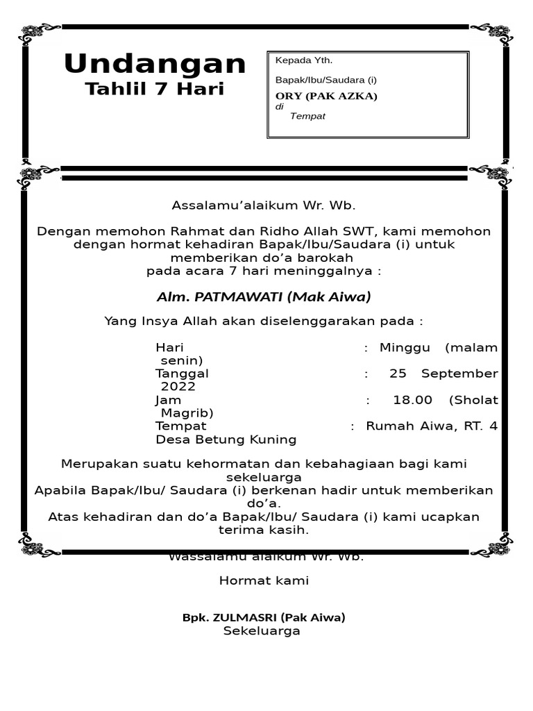 Template Undangan Tahlil 7 Hari | PDF