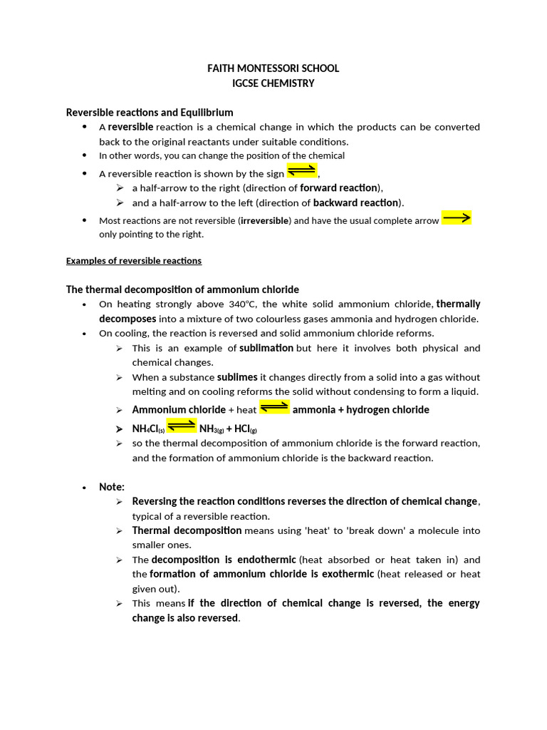 Reversible Reactions in IGCSE Chemistry | PDF | Chemical Reactions ...