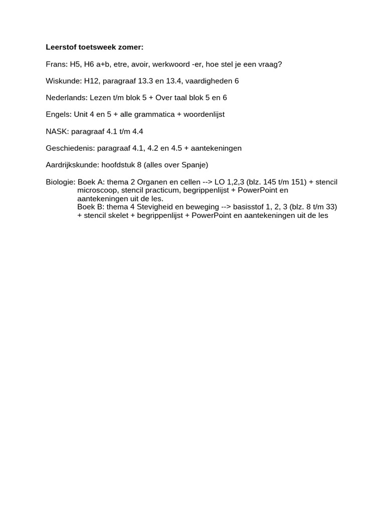 Leerstof Toetsweek Zomer | PDF