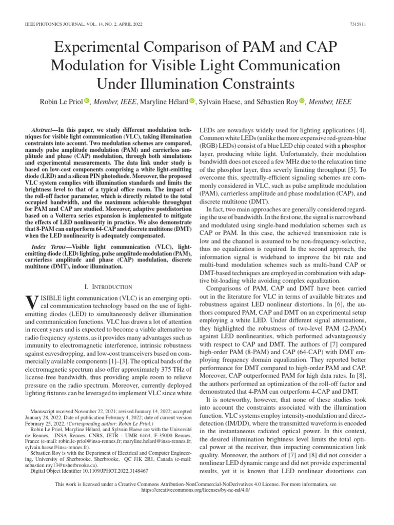 Experimental Comparison of PAM and CAP Modulation For Visible Light ...