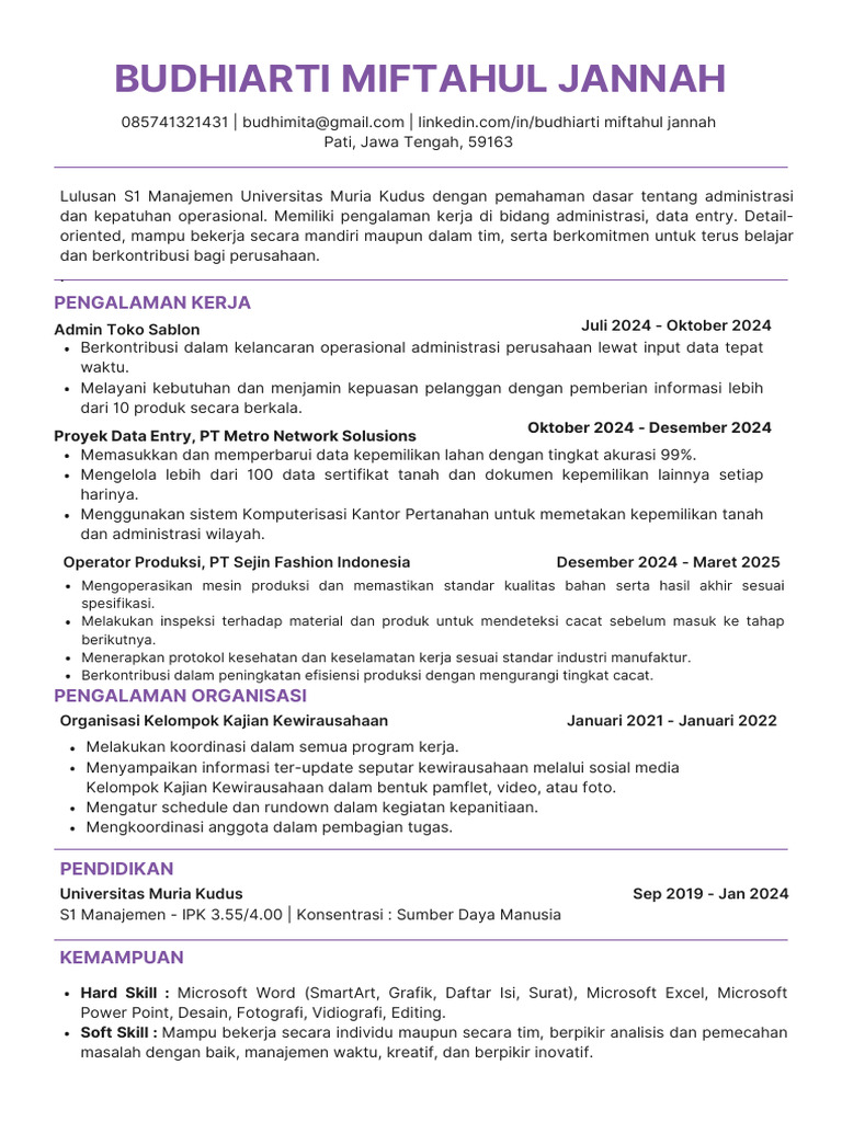 CV - Budhiarti Miftahul Jannah | PDF