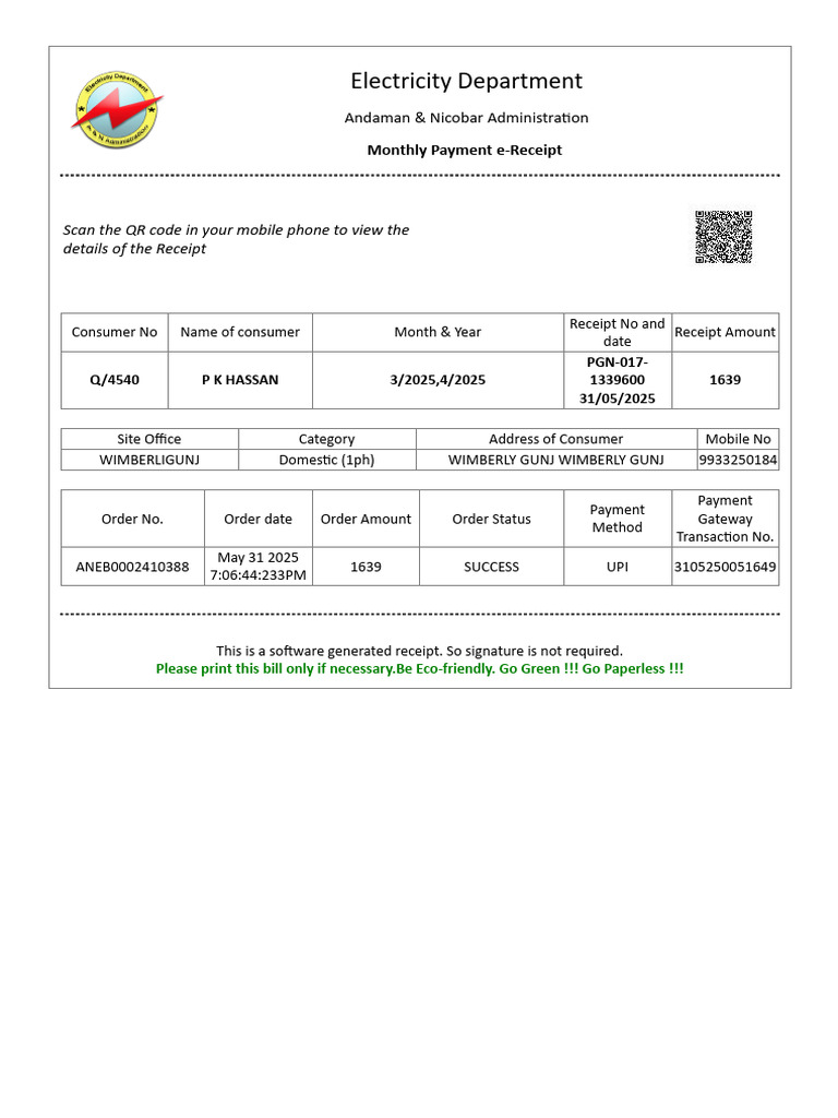 Andaman Nicobar Electricity Bill Receipt | PDF