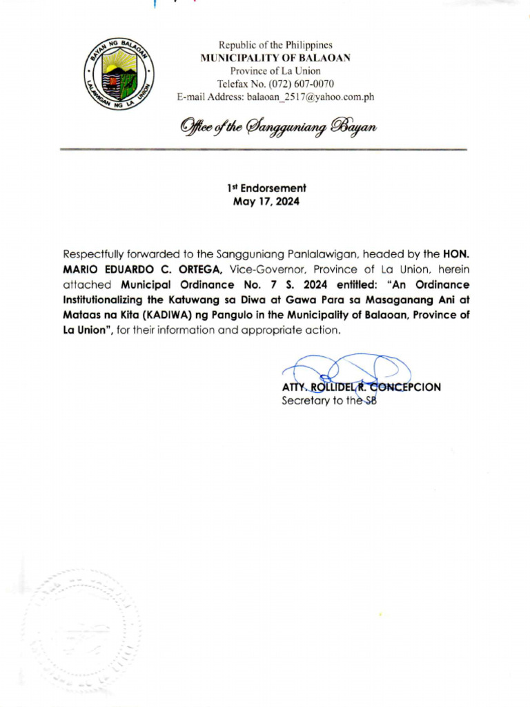 Municipal Ordinance No. 07 S. 2024 - An Ordinance Institutionalizing The (KADIWA) NG Pangulo in ...