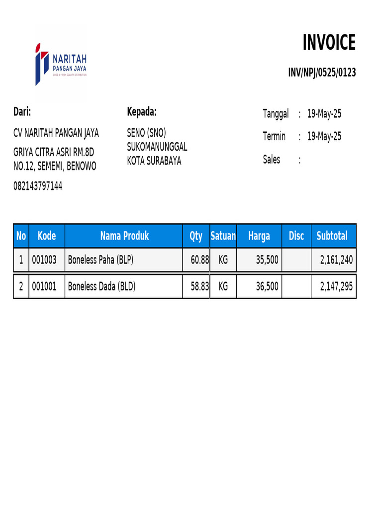 Seno (Sno)-Invoice Penjualan-Inv Npj 0525 0123 | PDF