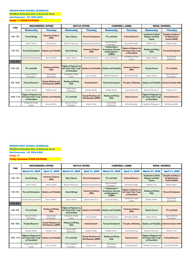 Grade 11 Modified Schedule - 2nd Sem - SY 2024 2025 | PDF | Applied Mathematics | Probability ...