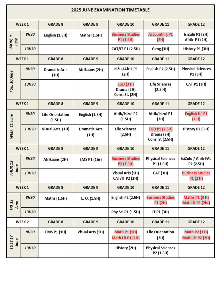 2025 June Exam Timetable Overview | PDF
