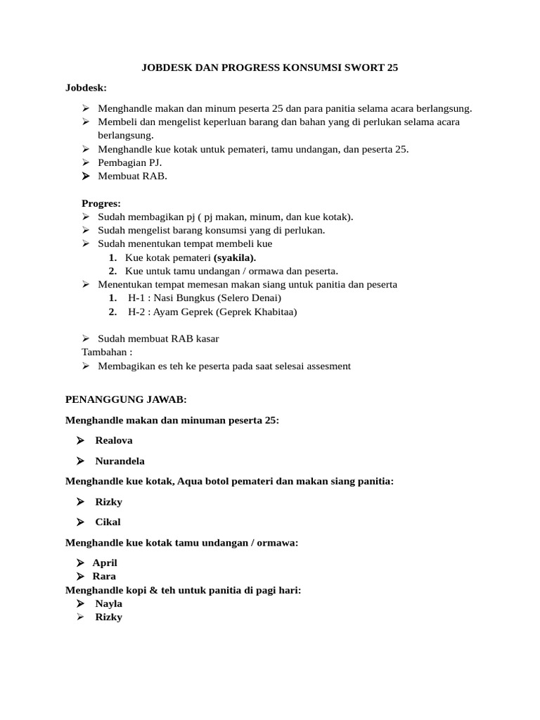 Jobdesk Dan Progress Konsumsi Swort 25 | PDF